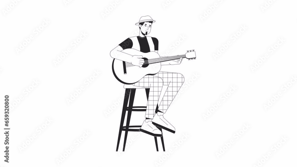Acoustic guitarist plucking strings bw outline cartoon animation. Music ...