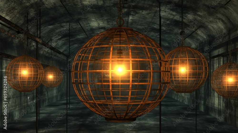 Caged Light: Luminescent orbs entrapped in dark cages, indicating ...