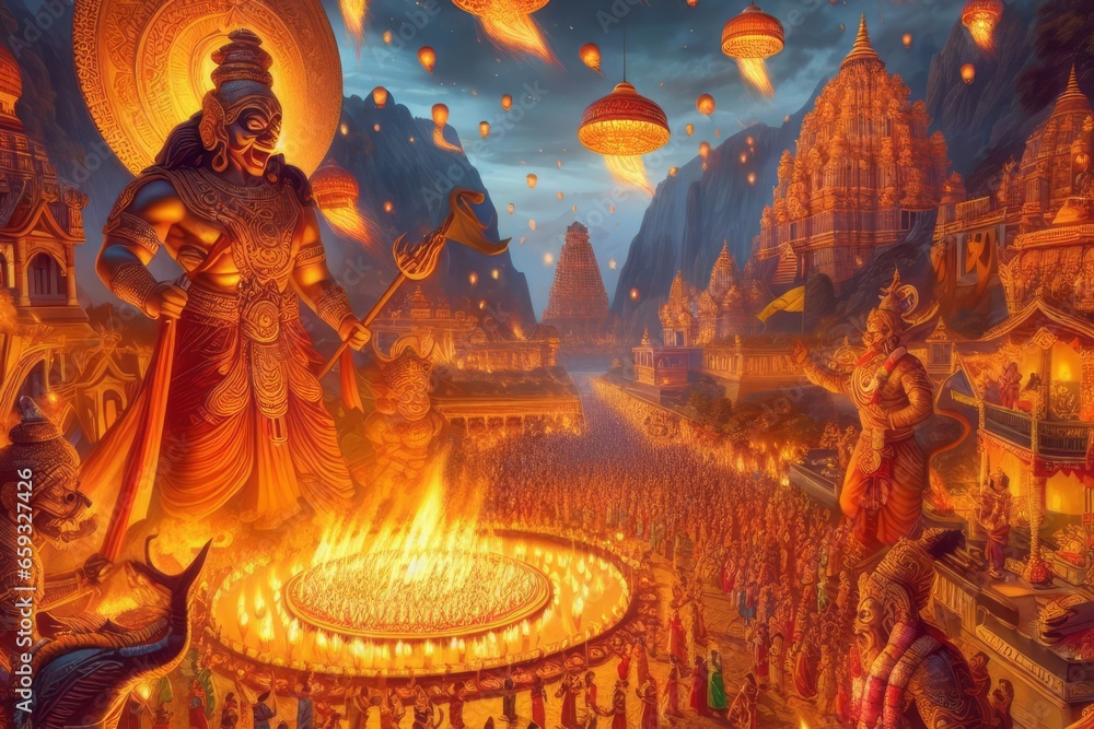 Lanka dahan - the scene from the epic Ramayana where Lord Hanuman sets ...