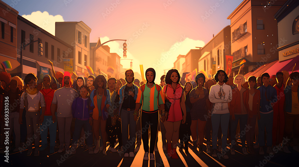 a scene of a racially diverse group of activists marching together in ...