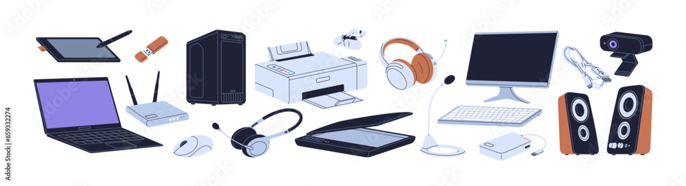 Computer accessories set. PC equipment, devices. Keyboard, mouse ...