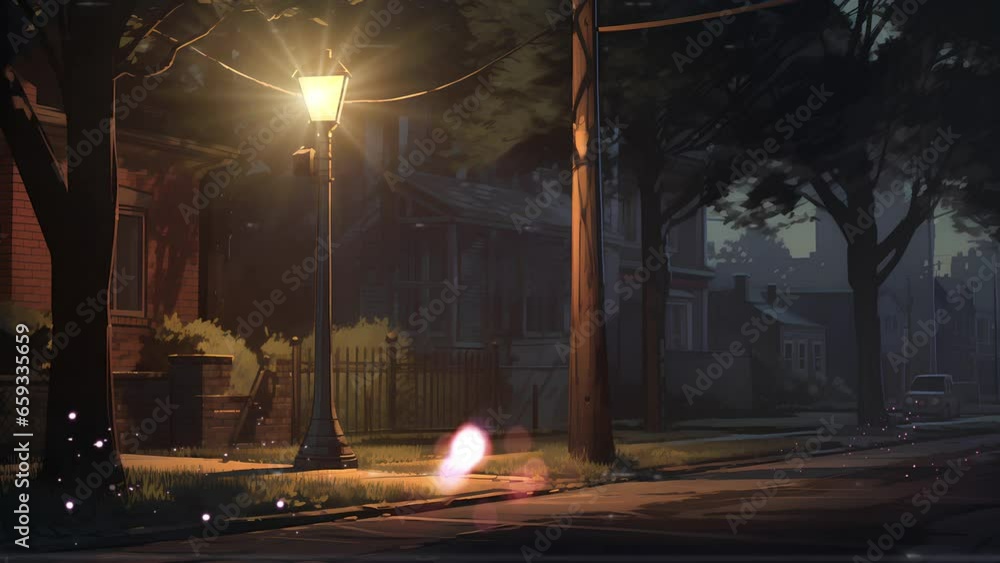 scene of a safe and beautiful residential corner at night with bright ...