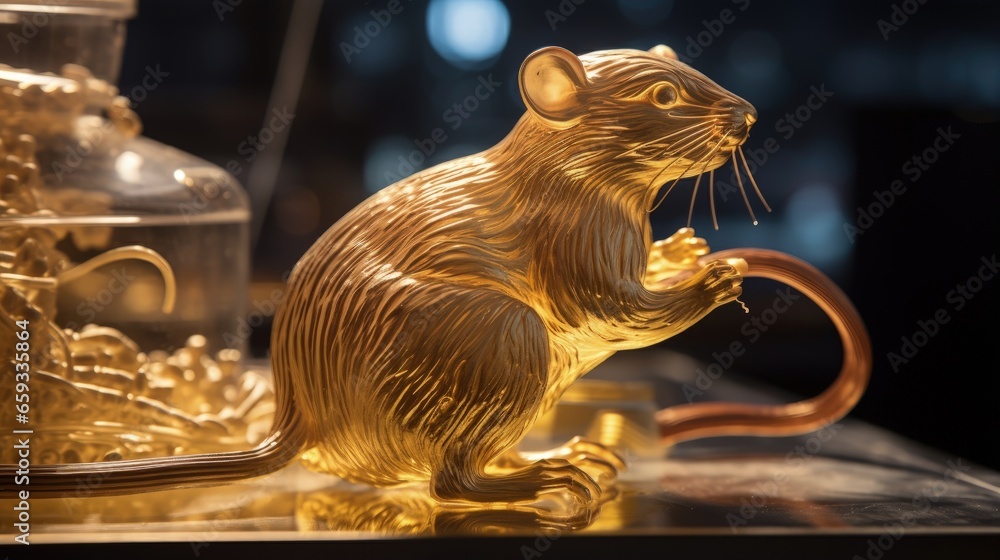 progress of the manufacturing of a rat sculpture from shiny golden ...