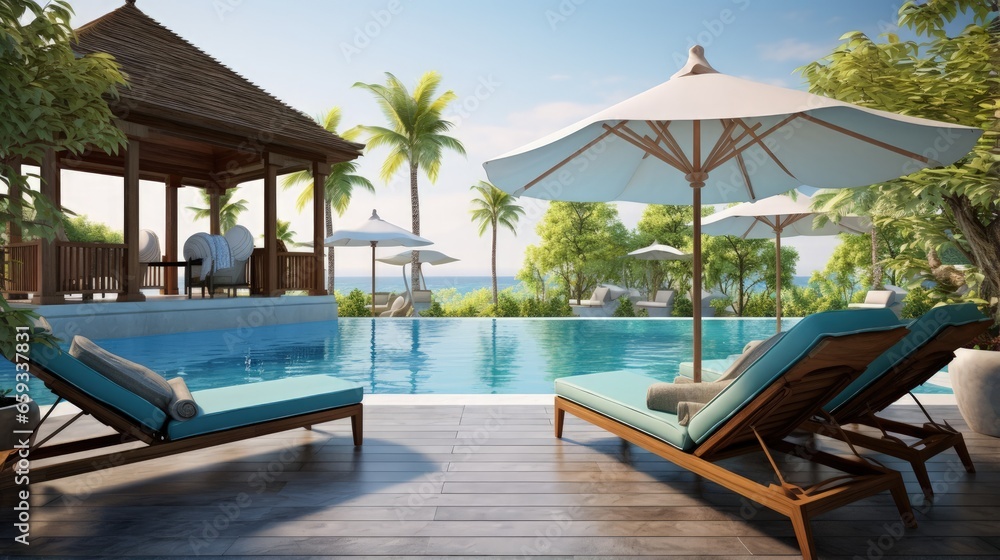 Pool villa resort landscape design and decoration with beach chair and ...