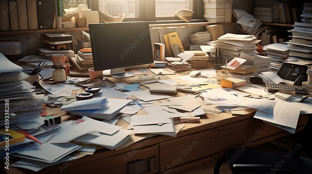 Messy office desk and table with piles of files and disorganized ...
