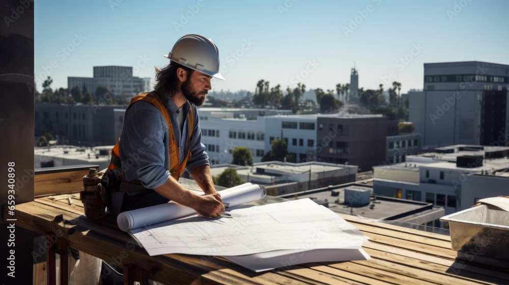 Architect scrutinizes building plants. Standing at construction site ...