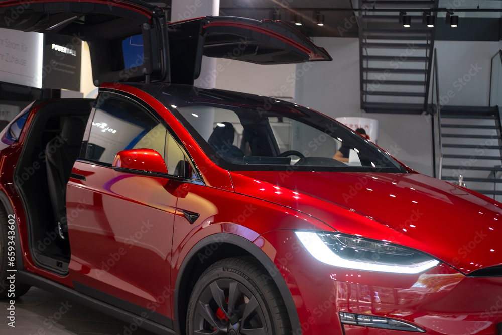 Ultra Red electric vehicle Tesla model X in Studio, SUV Powertrain in ...