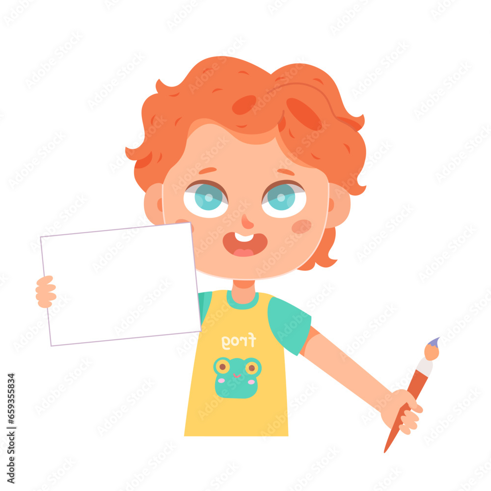 Cute boy demonstrating empty paper sheet while creating drawings at ...