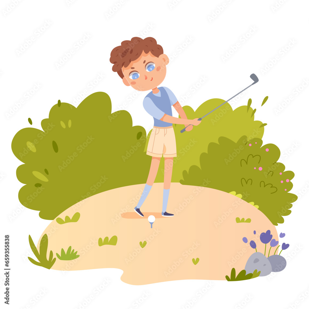 Young golfer playing golf vector illustration. Cartoon isolated summer ...
