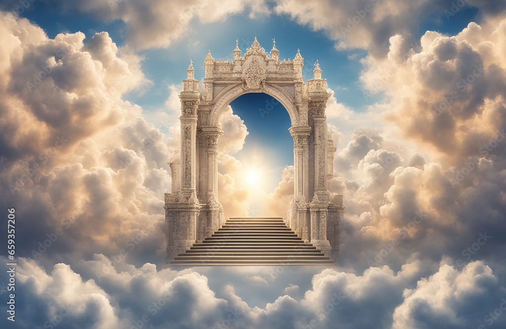 ภาพประกอบสต็อก Beautiful heavenly paradise cloudscape. Entering the ...