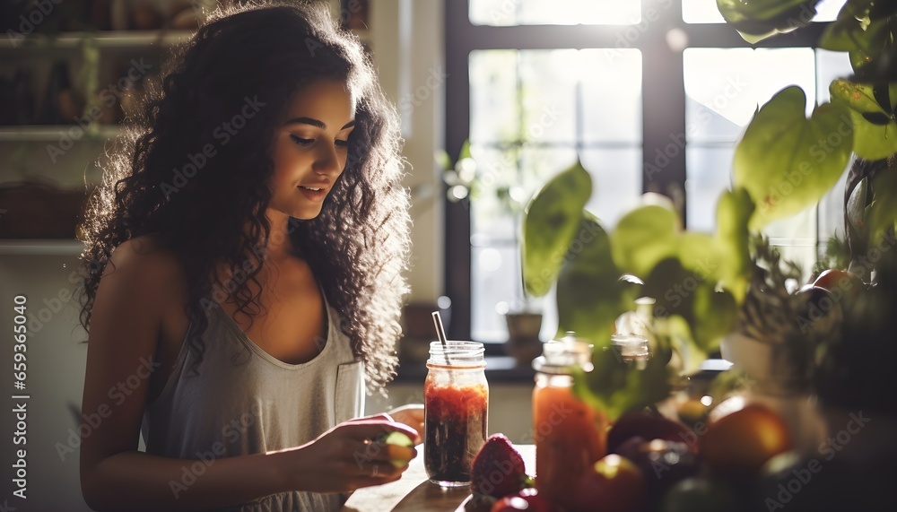 A beautiful young lady making a fruit smoothie in her kitchen with a ...