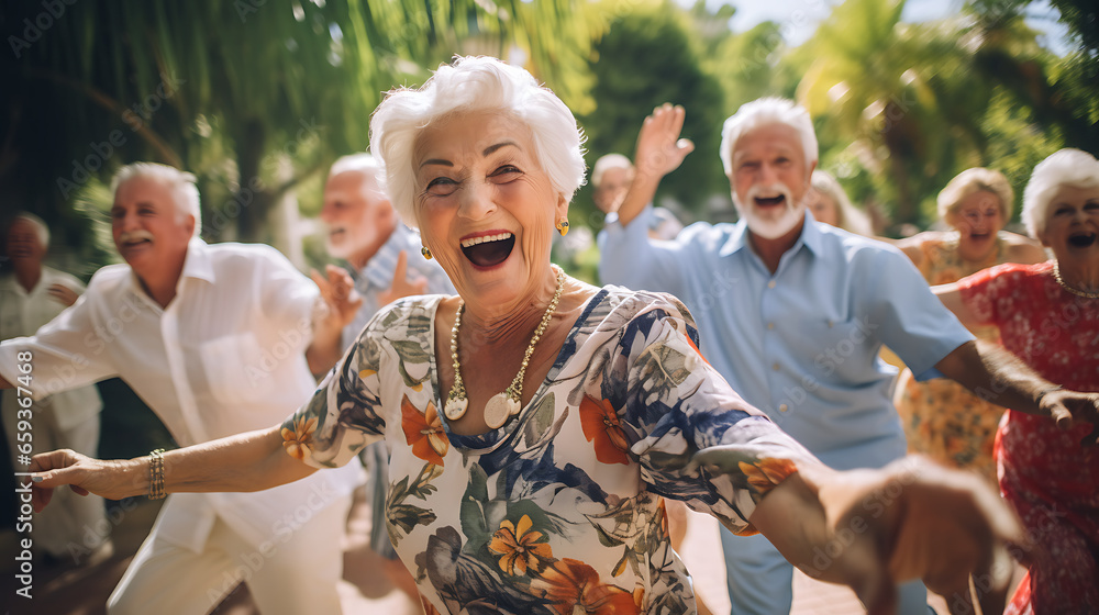 Candid capture of a joyful group of seniors showing vitality while ...