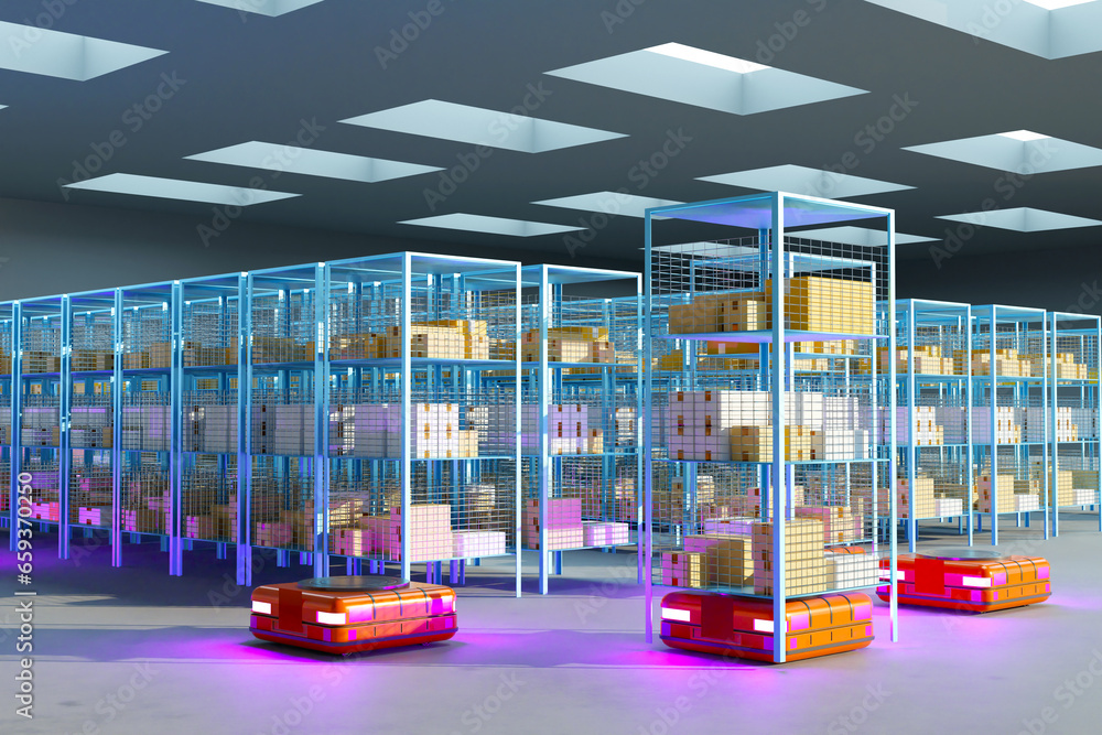 Robotic warehouse. Storage with AGV robots. Automated guided vehicles ... Robotic warehouse. Storage with AGV robots. Automated guided vehicles ...