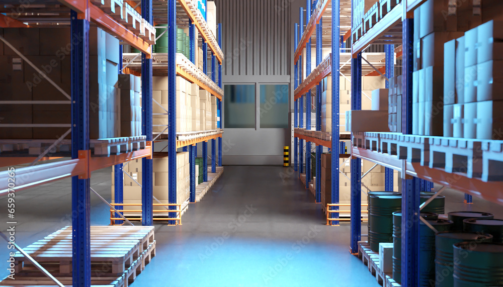 Warehouse building inside. Storage interior. Multi-tiered racks with ...