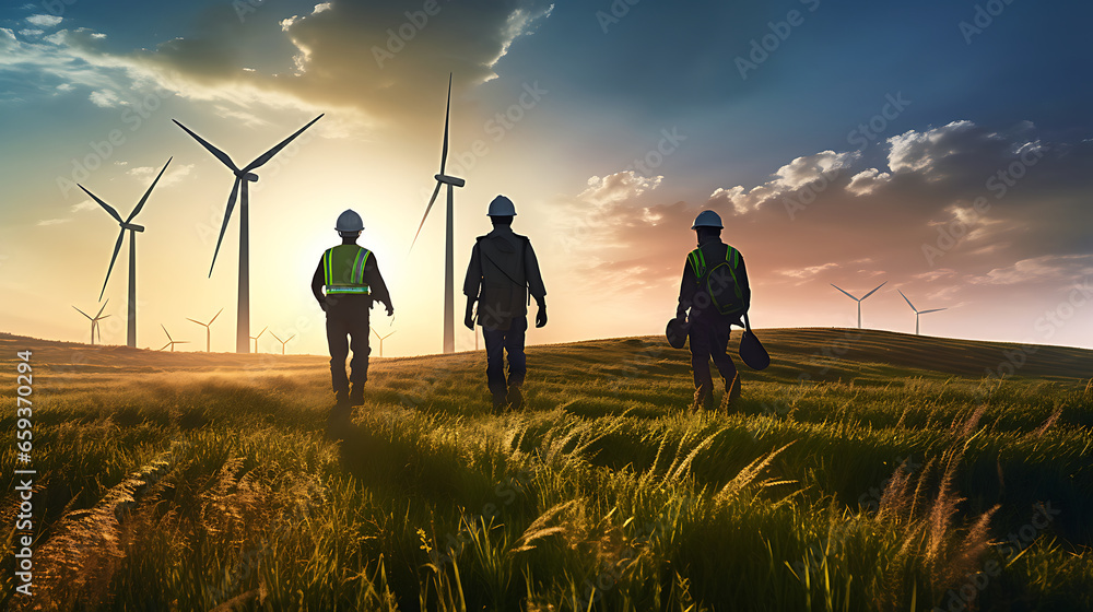 environmental workers in a wind power generation field, collaborating on sustainable energy ...