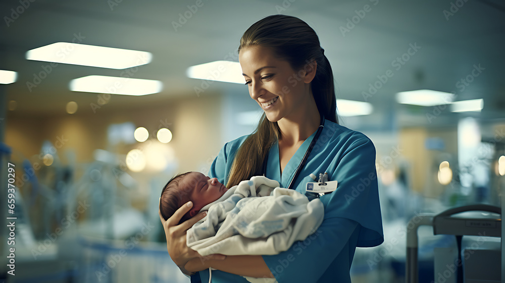 Nurse cradling a day-old infant, newborn baby, displaying genuine ...