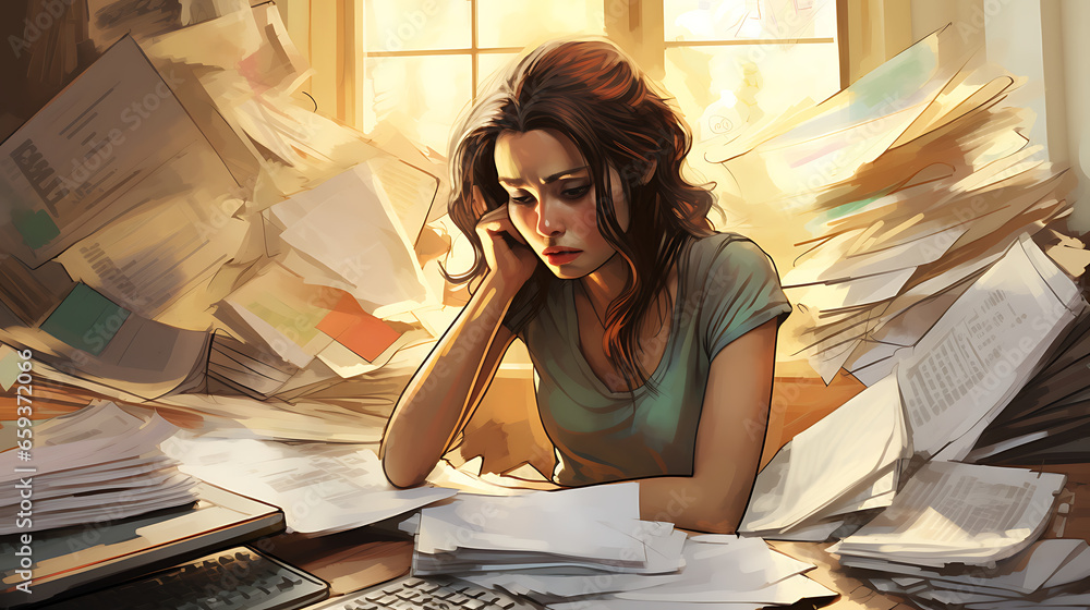 Stressed young woman reviewing her bills, reflecting financial strain ...