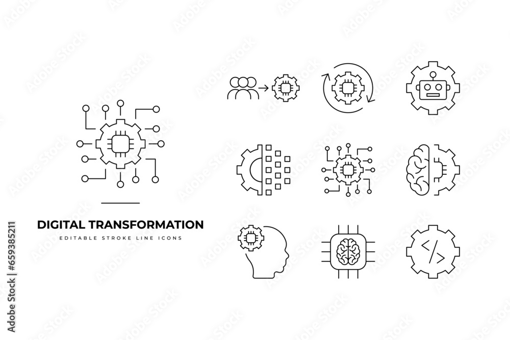 Set of digital transformation Icons. Simple line art and editable ...