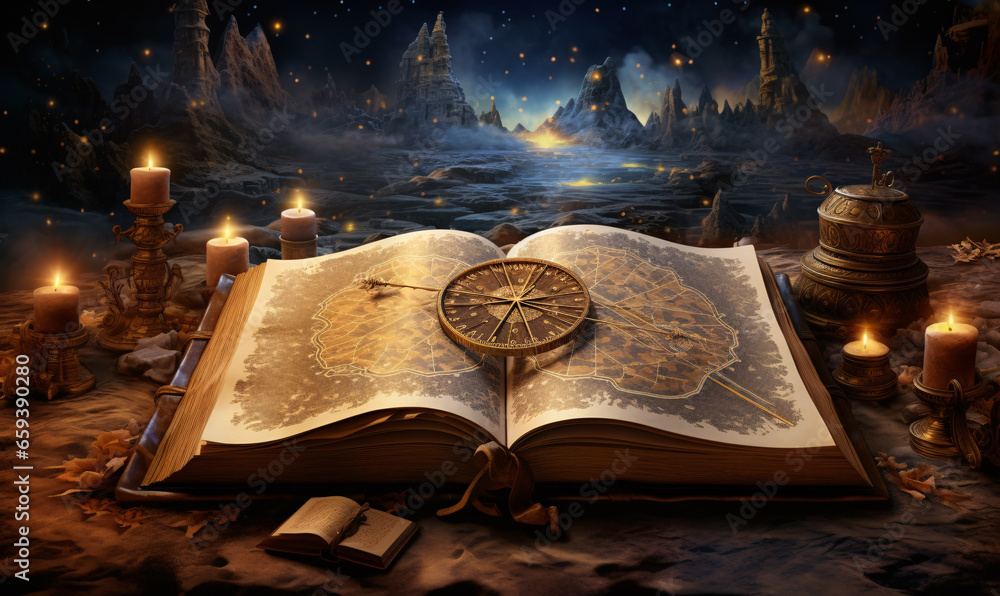 An open magic compass book which is surrounded by candles creating a ...