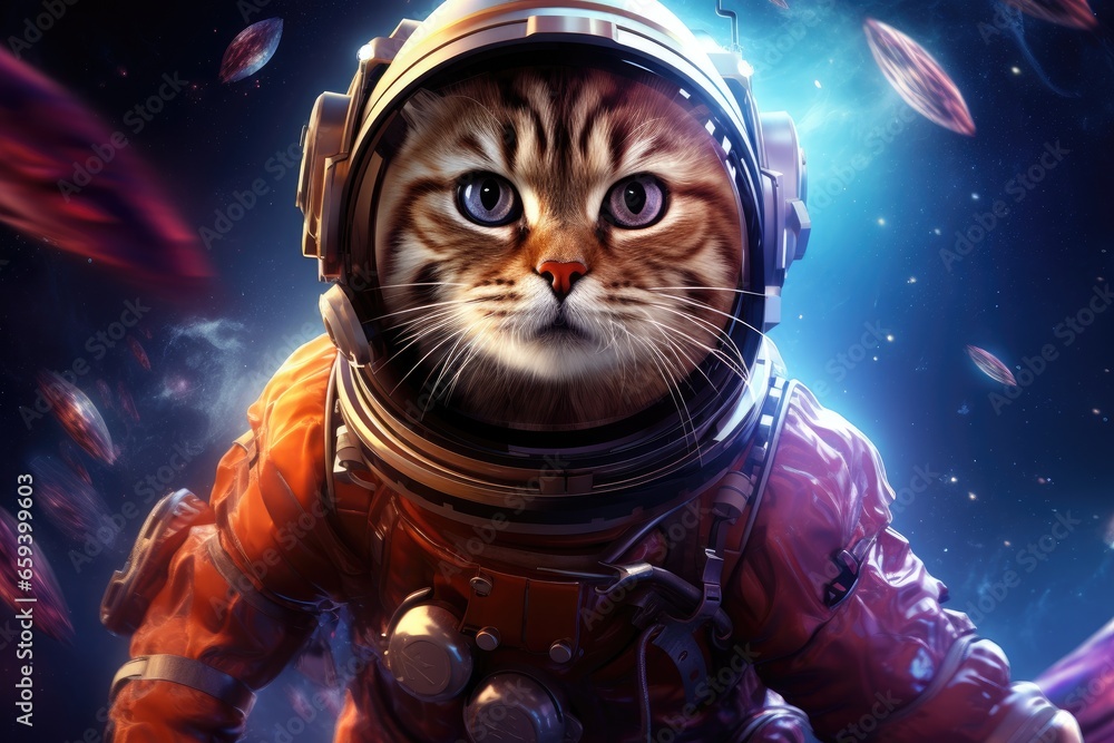 Cat astronaut in spacesuit against the background of the outer space ...