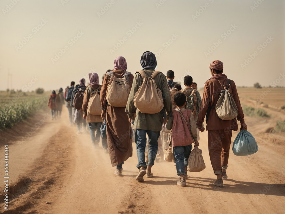 A group of migrants with children walk along a dusty road. Refugees are ...