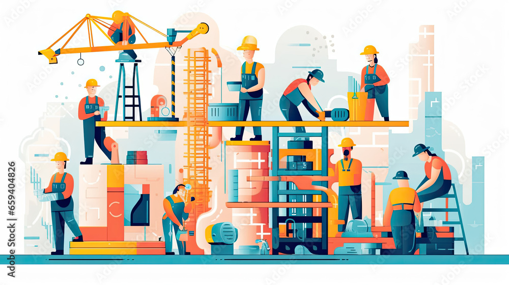 Builders and construction workers in helmets. Diverse people working in ...