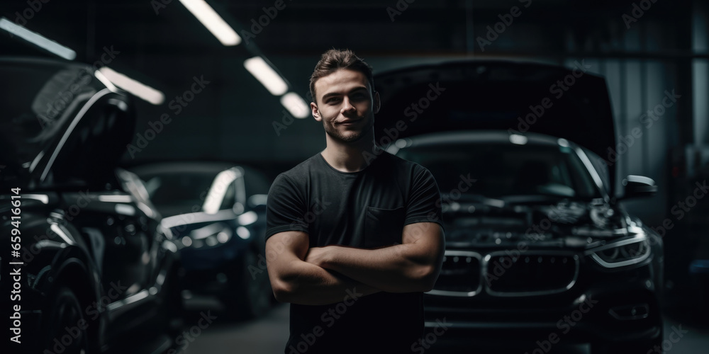 Man in the Workshop, Garage or Parking. Portrait of a Muscular Man ...
