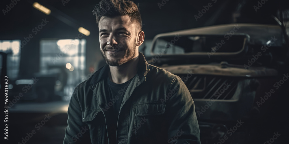 Man in the Workshop, Garage or Parking. Portrait of a Happy Muscular ...