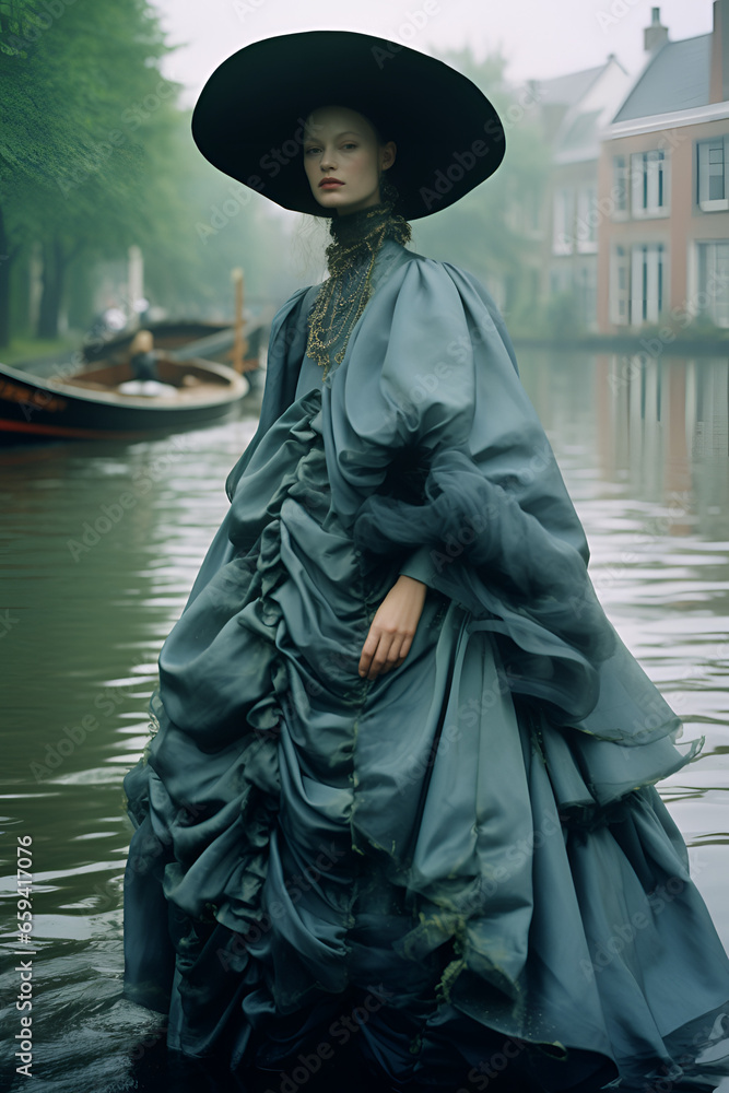 Girl model in a lush gray dress, standing on a bridge over the ...
