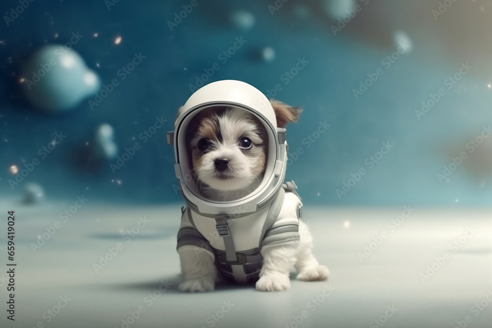Puppy astronaut in a space suit. Little dog with black eyes, a lovely ...