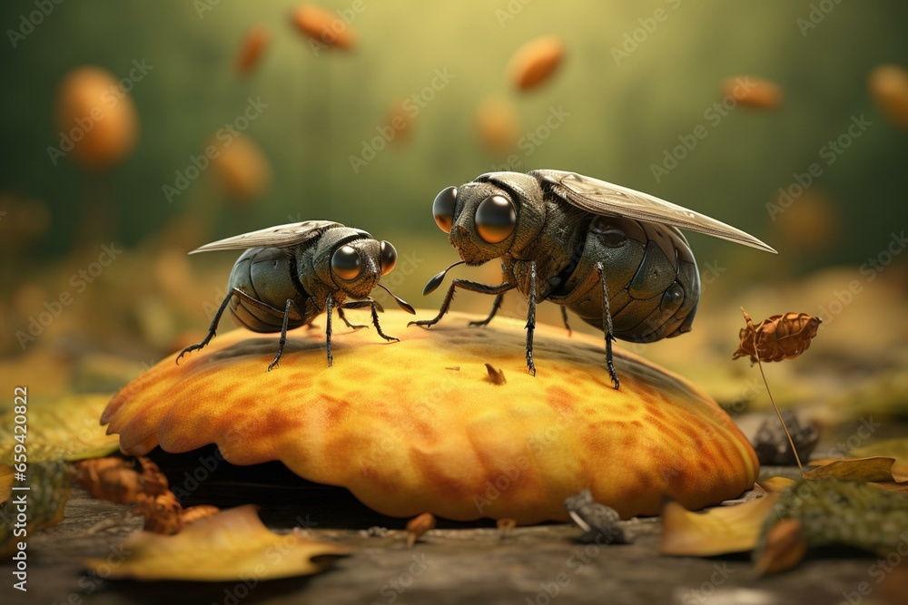 Two insects together on leafy ground with a tiny pumpkins. Digital ...