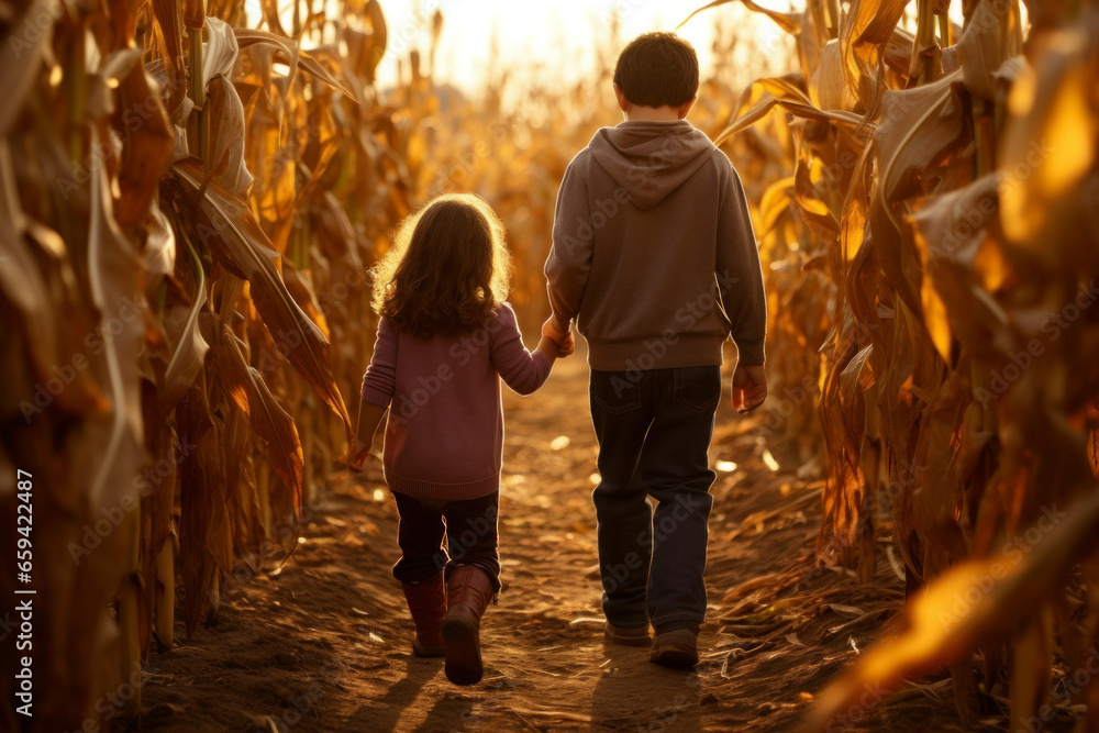 Children exploring corn maze in the fall day. Siblings boy and little ...