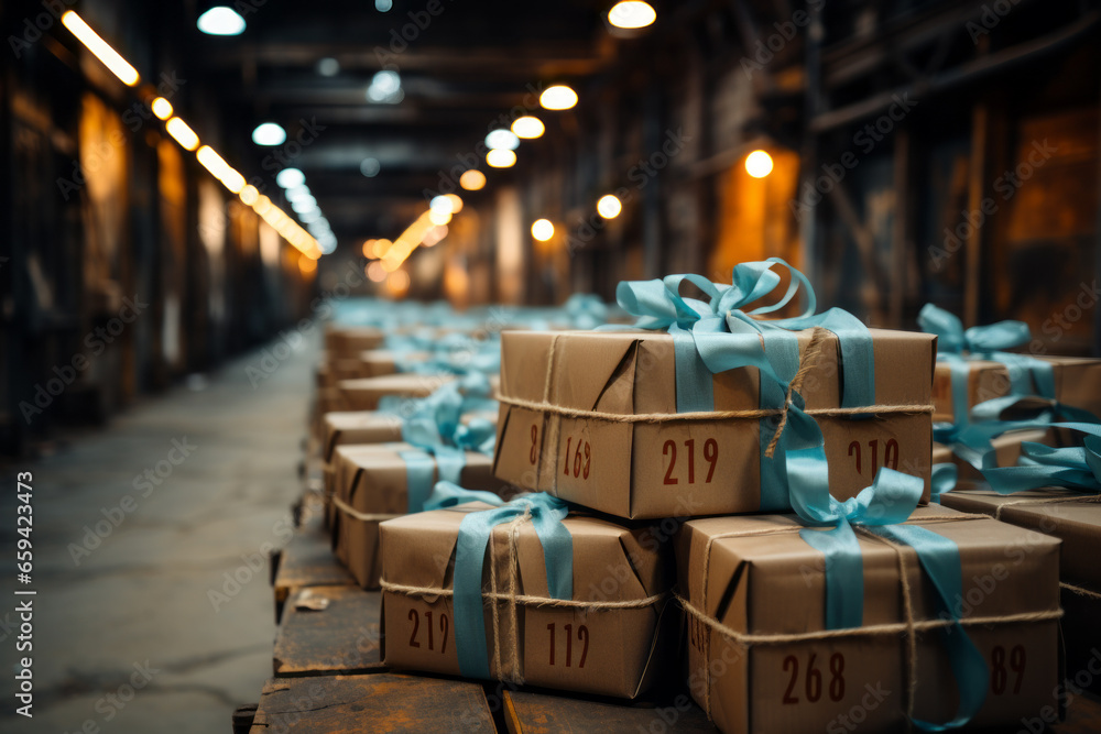 Boxes with blue ribbons in a warehouse. Ready for delivery. Successful ...