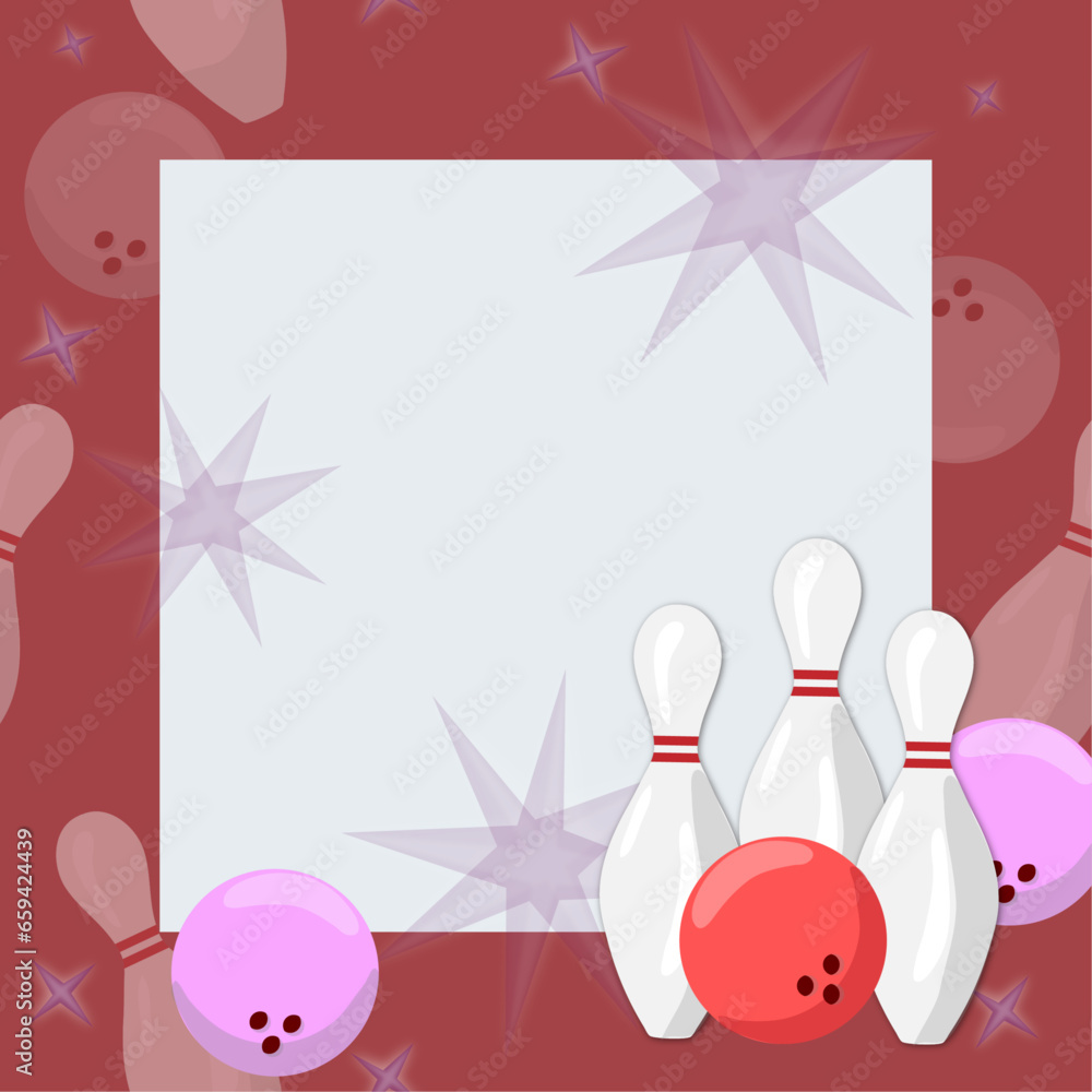 bowling event invitation, invitation card with bowling pins and balls ...