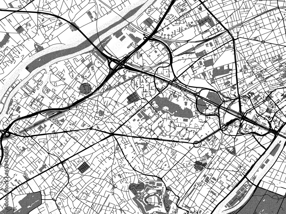 Greyscale vector city map of Nanterre in France with with water, fields ...
