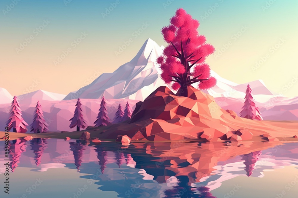3d landscape illustration with low poly tree and mountain. Generative ...