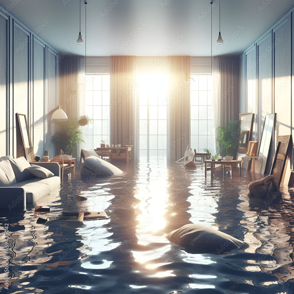 Flooding Inside the Interior Flat of a Flooded House with Living Rooms Flood Damaged Furniture ...