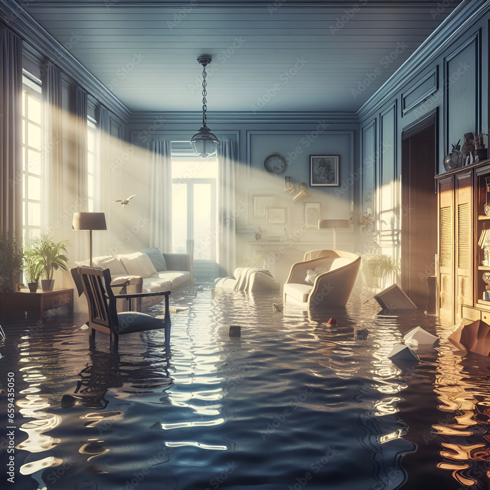 Flooding Inside the Interior Flat of a Flooded House with Living Rooms Flood Damaged Furniture ...