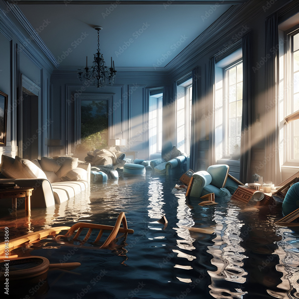 Flooding Inside the Interior Flat of a Flooded House with Living Rooms ...