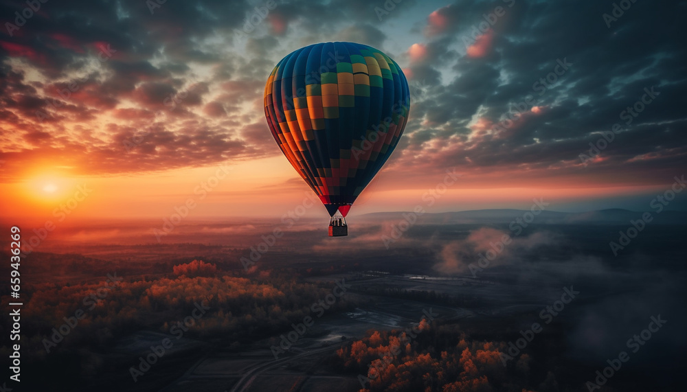 Multi colored hot air balloon flying high up in mid air adventure ...