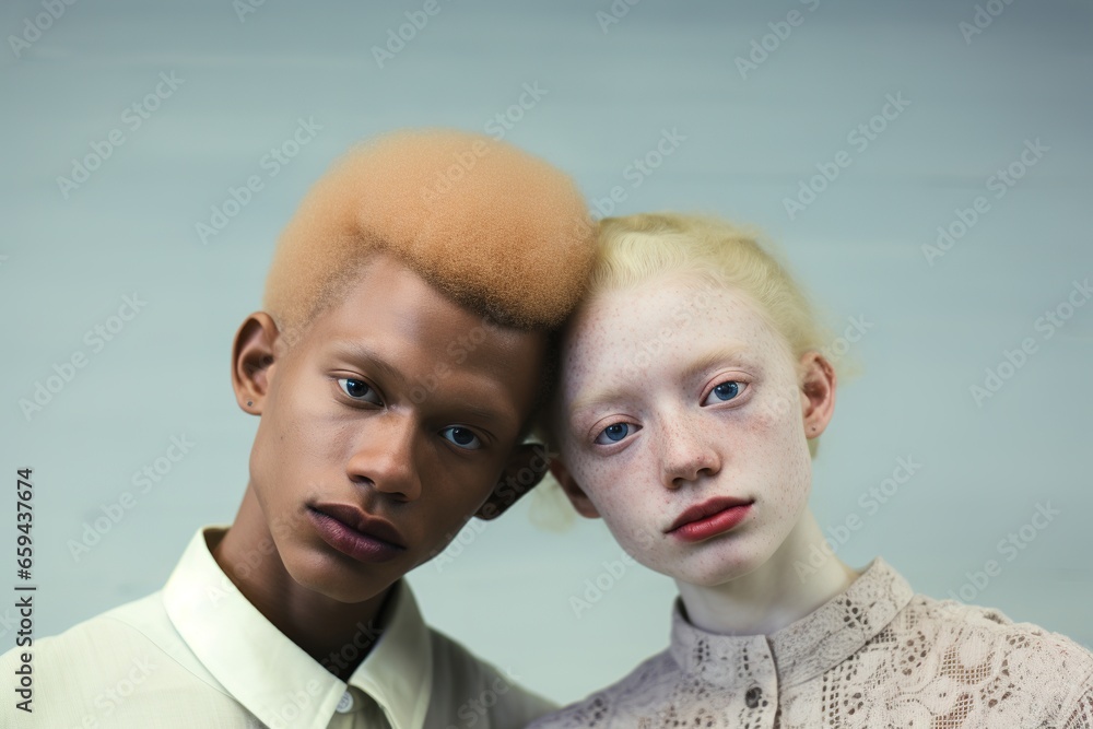 Close-up portrait of two individuals, one with albinism and the other ...