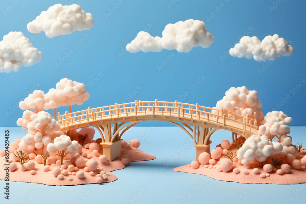 Bridge model over paper river made of plasticine on pastel blue ...