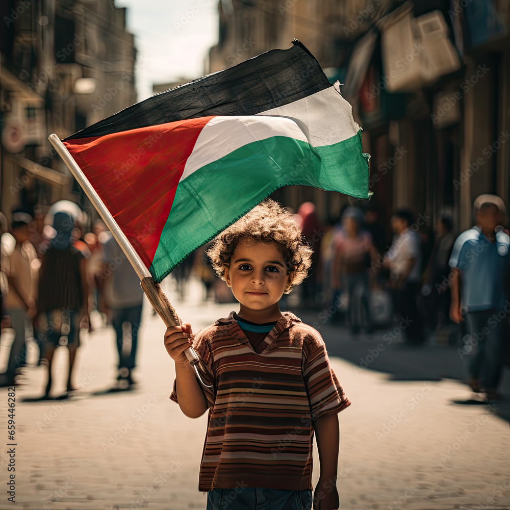 Enfant palestinien tenant le drapeau palestinien, dans la rue de ...