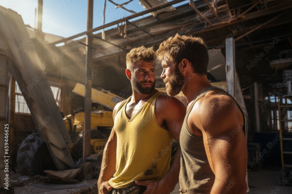 Two burly construction workers, clad in torn jeans and rugged yellow ...