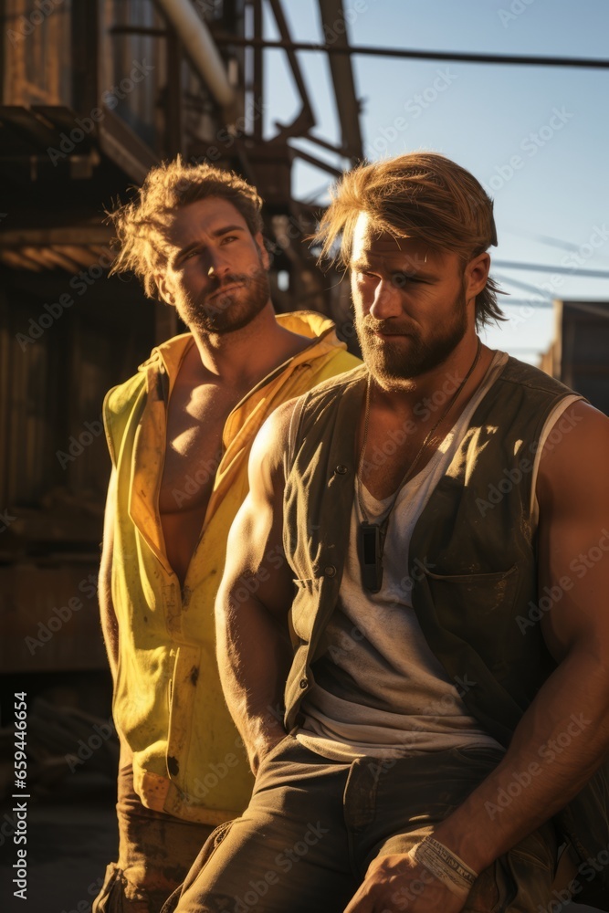 Two burly construction workers, clad in torn jeans and rugged workwear ...
