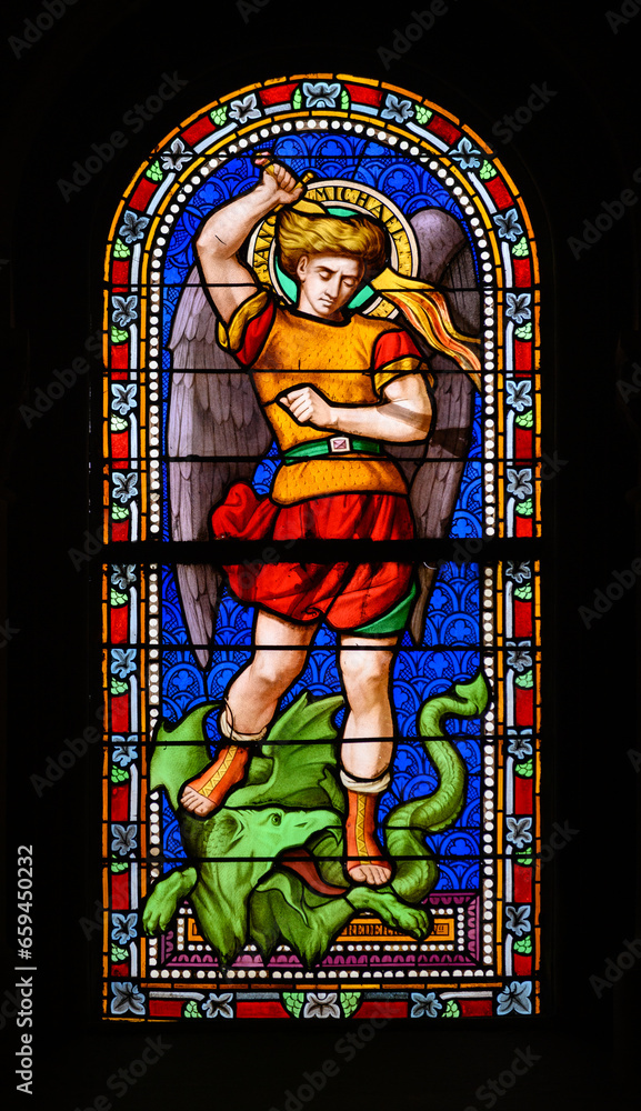 Saint Michael the Archangel. A stained-glass window in Church of St ...