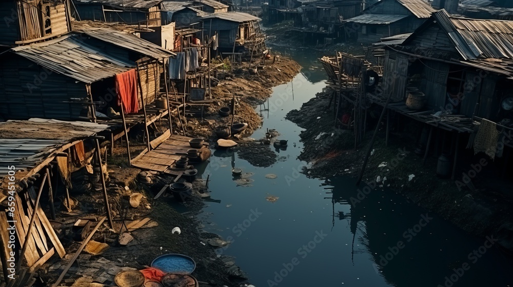 Income inequality, a view of a slum with dilapidated shanty houses ...