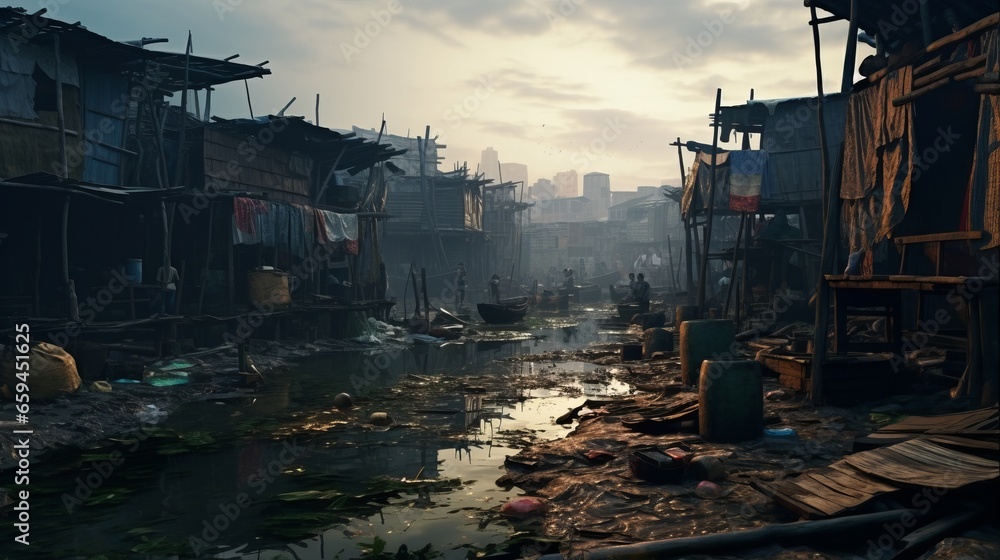 Income inequality, a view of a slum with dilapidated shanty houses ...