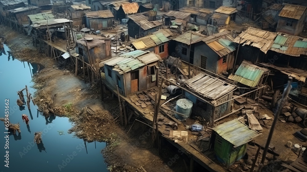 Income inequality, a view of a slum with dilapidated shanty houses ...