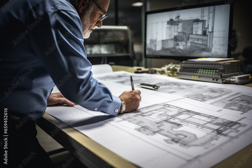 Engineering working and pointing construction blueprints on new project ...